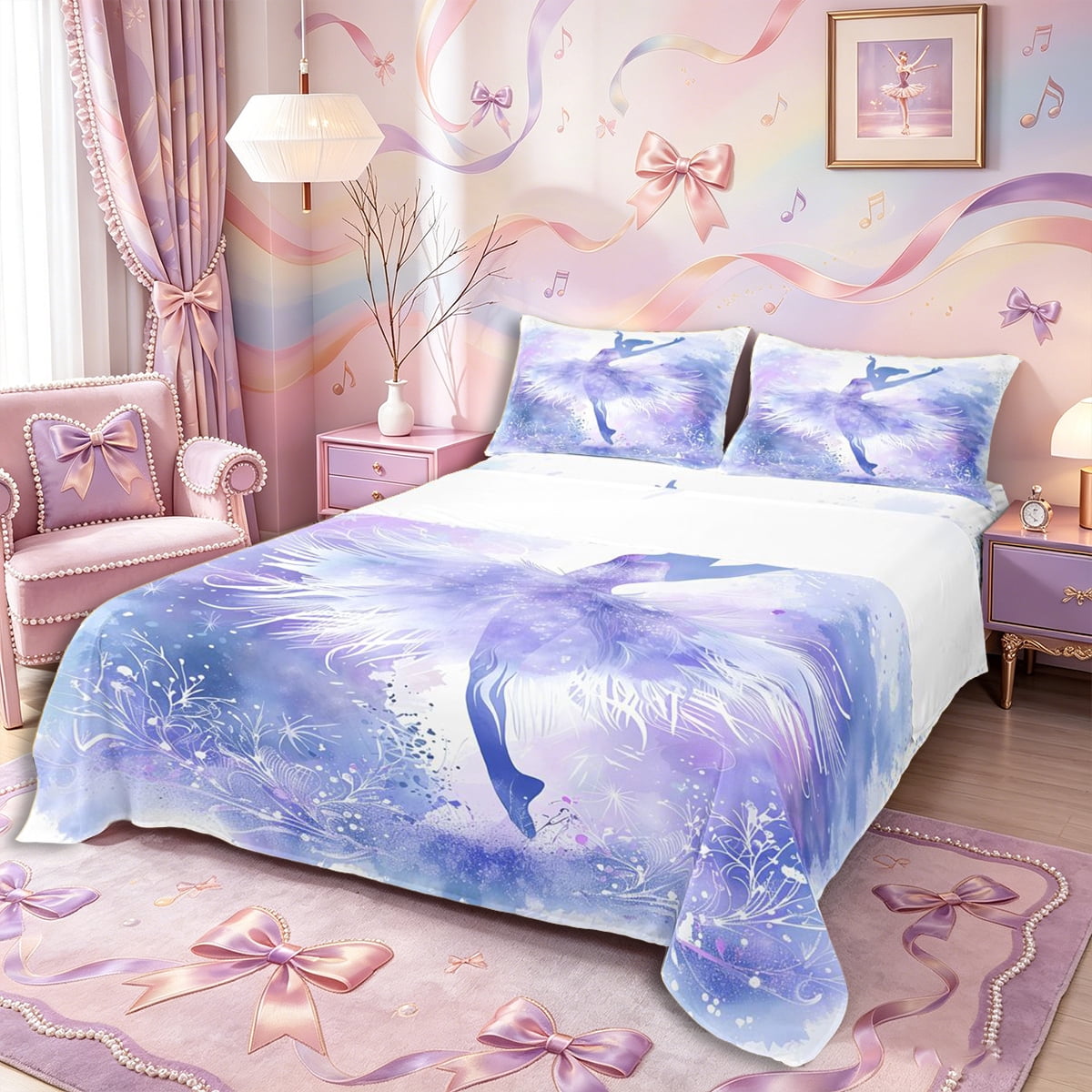 Castle Fairy Cute Ballerina Print Bed Sheets 4-Piece,Watercolor ...