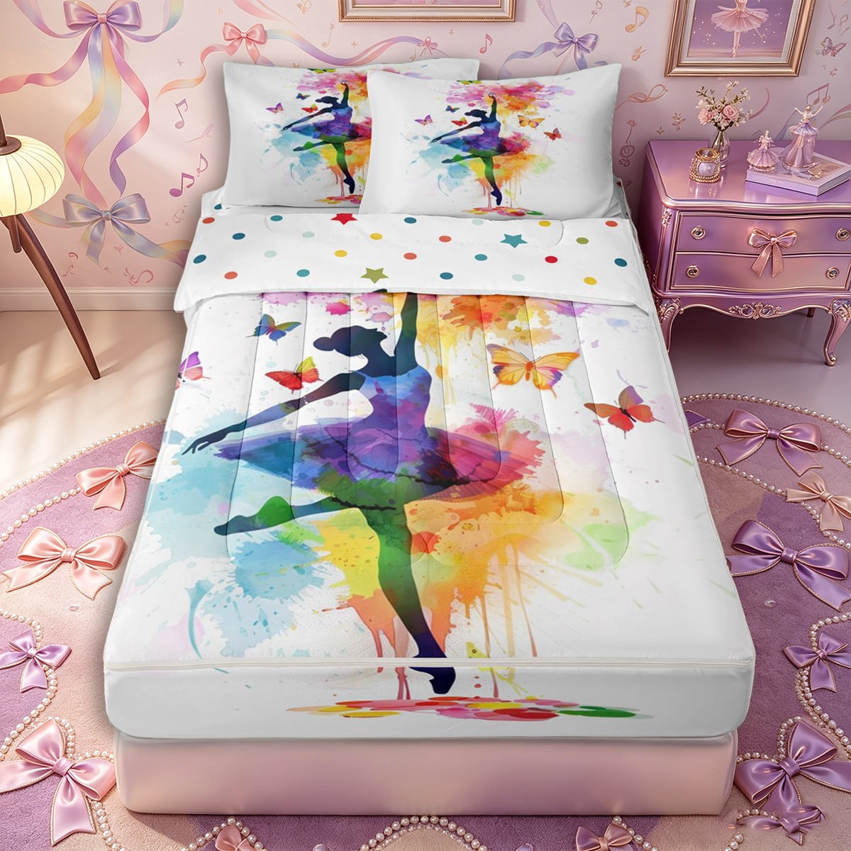 Castle Fairy Cute Ballerina Print Zipper Full Size Comforter Sets with ...