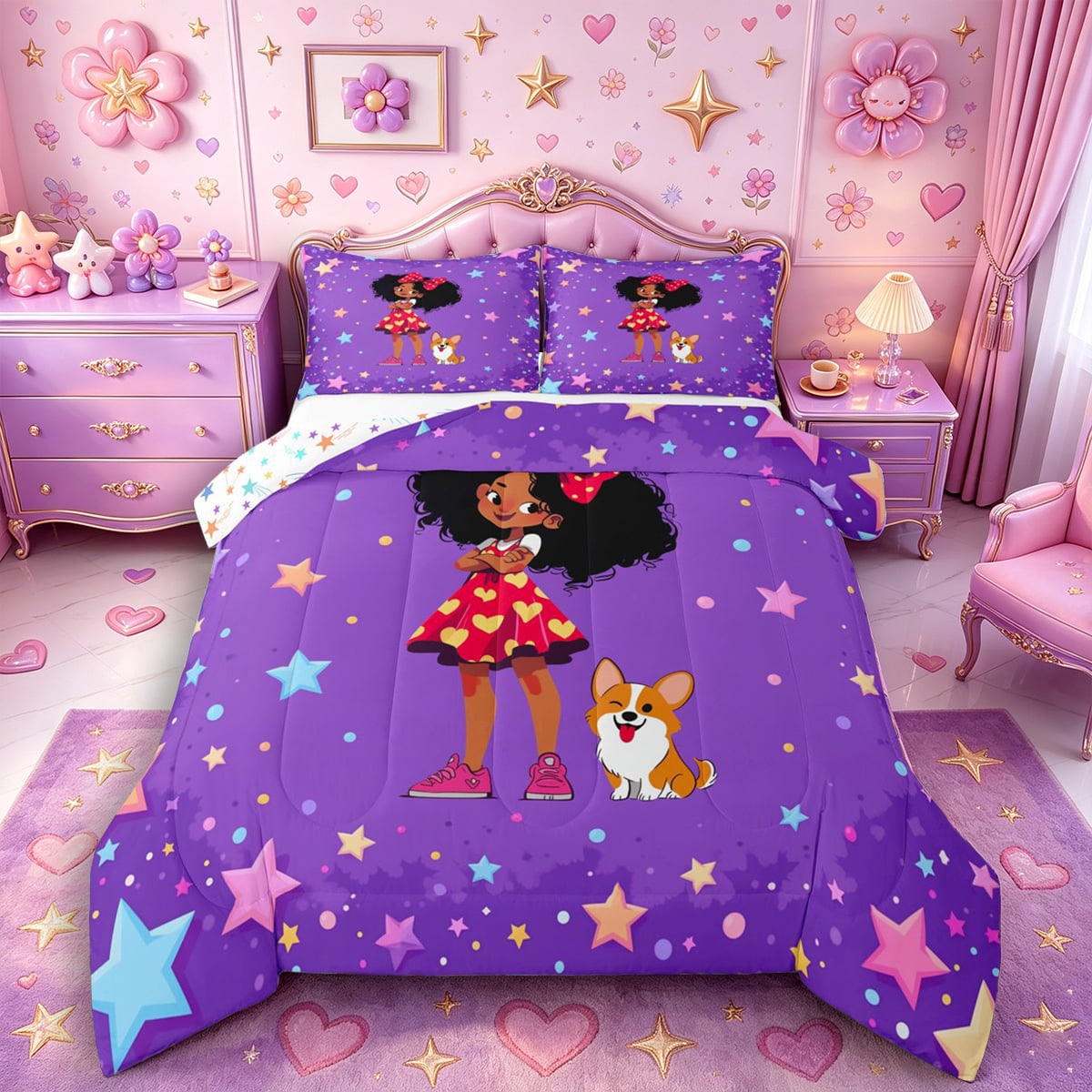Castle Fairy Cute Black Girl Full Size Comforter Sets 3-Piece,Cartoon ...