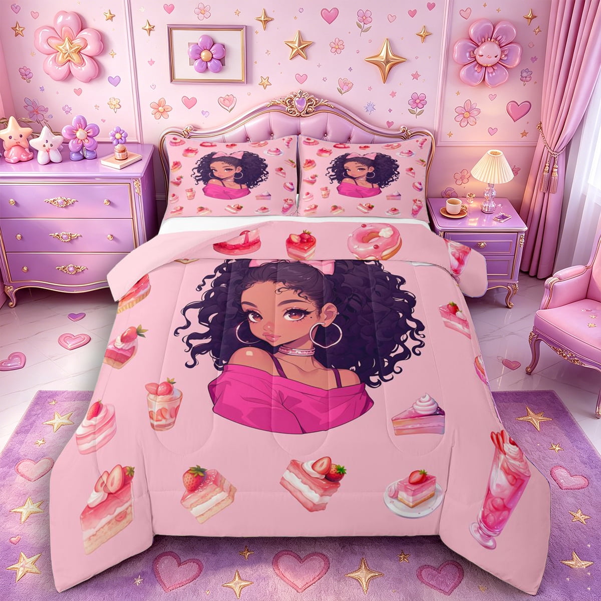 Castle Fairy Cute Black Girl Full Size Comforter Sets 3-Piece,Dessert ...