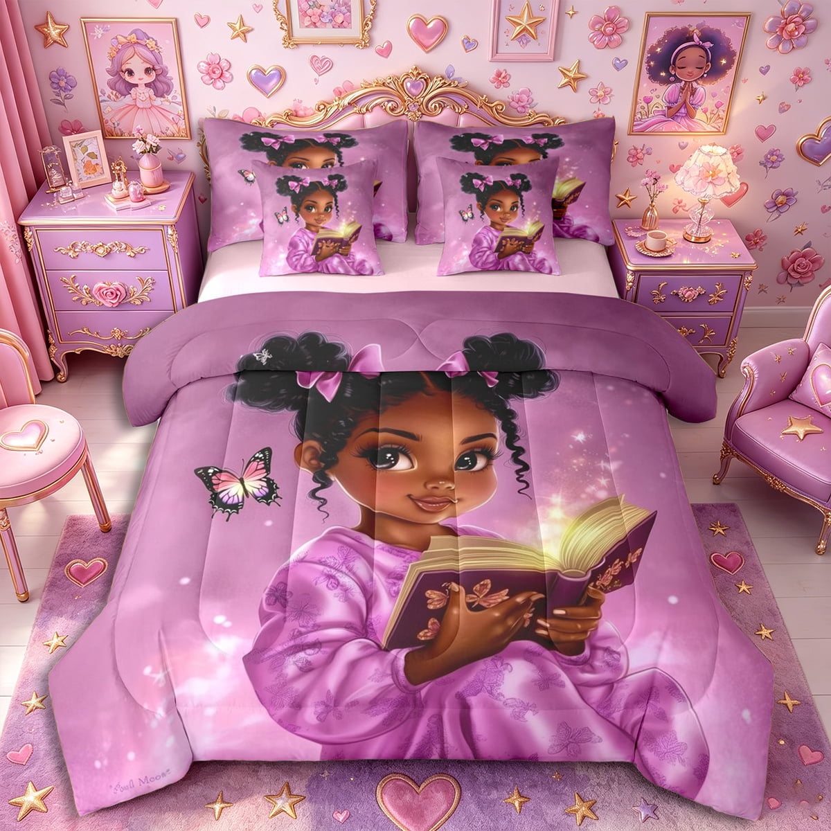 Castle Fairy Cute Black Girl King Bedding 7pcs,Cartoon Bow Butterfly ...