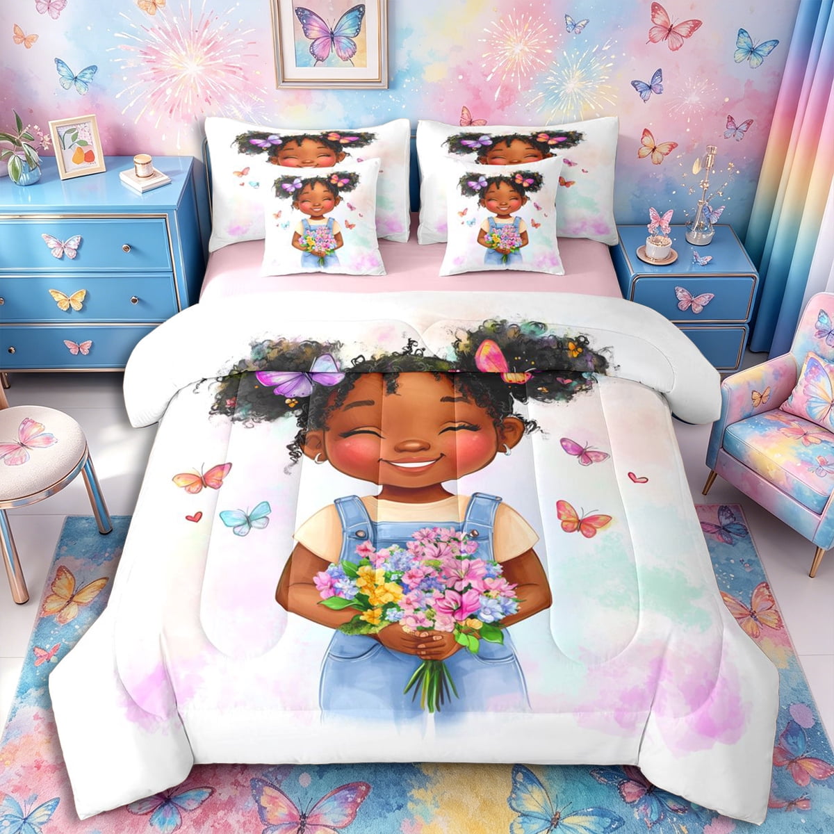 Castle Fairy Cute Black Girl Queen Bedding 7pcs,Flower Butterfly Print ...