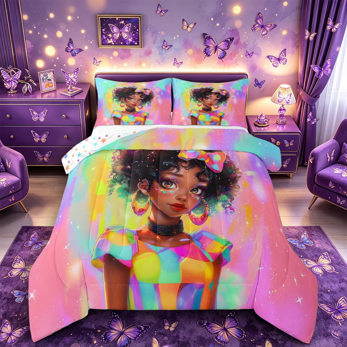 Castle Fairy Cute Black Girl Queen Comforter Set 3 Pieces,Abstract ...