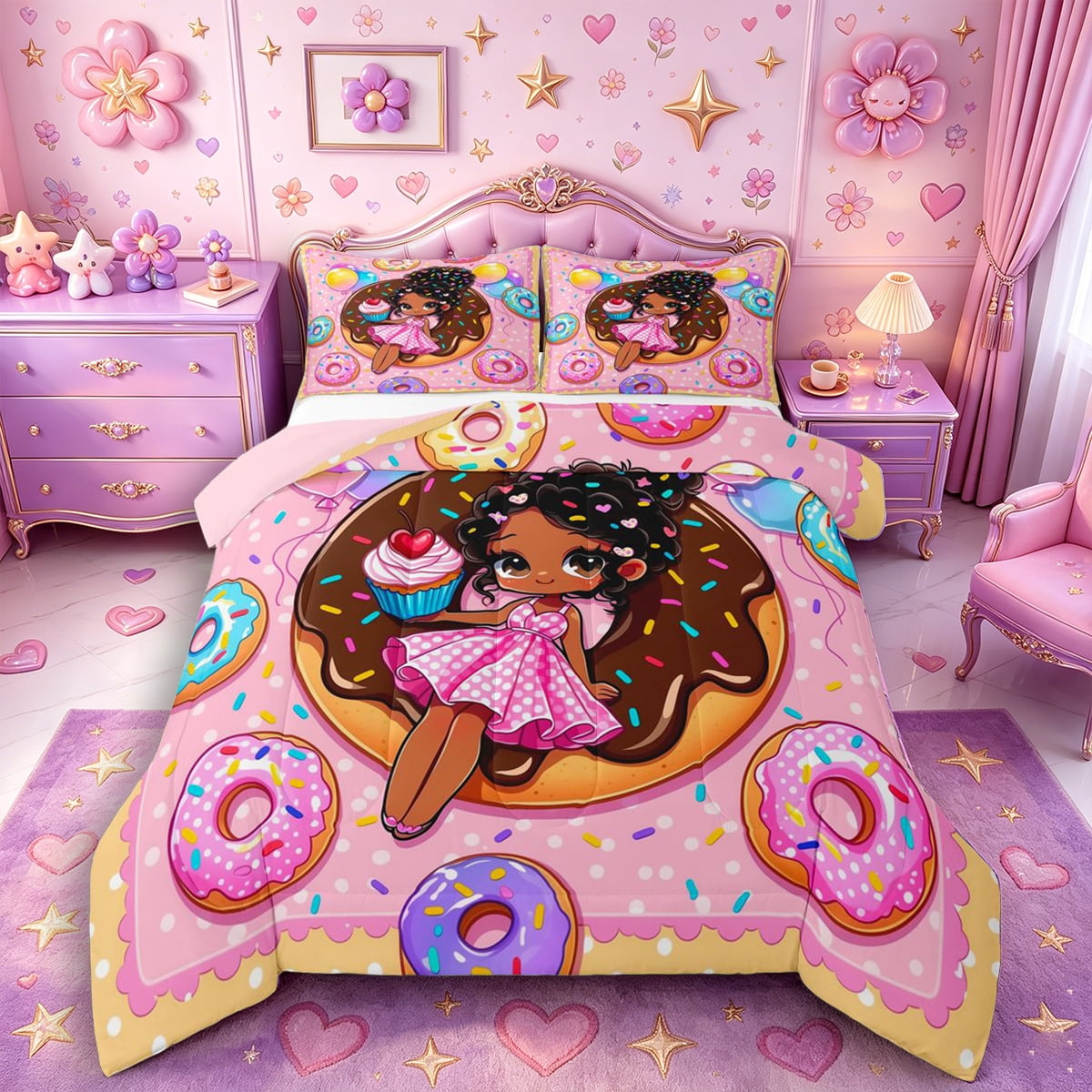 Castle Fairy Cute Black Girl Queen Comforter Set 3 Pieces,Donut Balloon ...