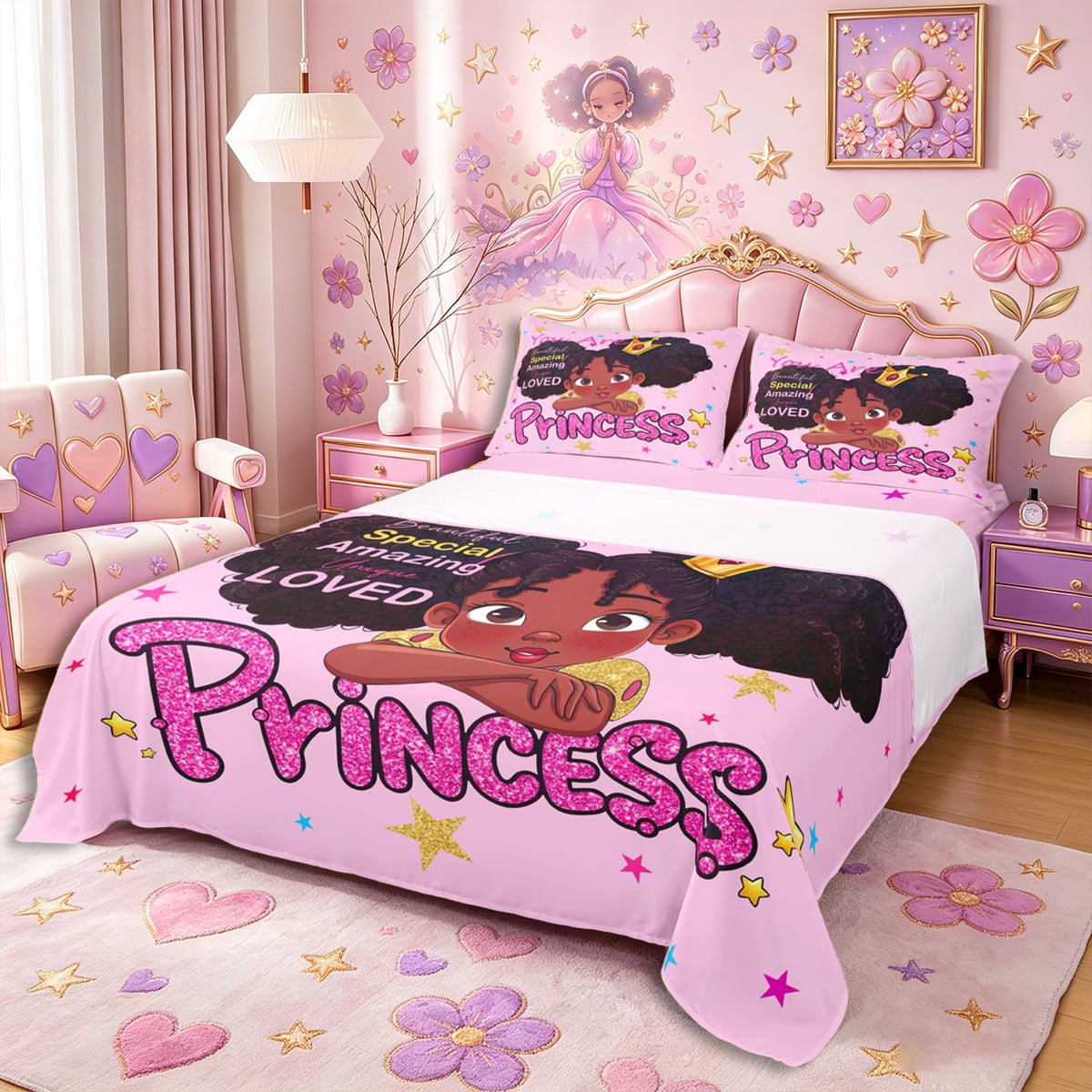 Castle Fairy Cute Black Princess Bed Sheets 4-Piece,Star Print Design ...