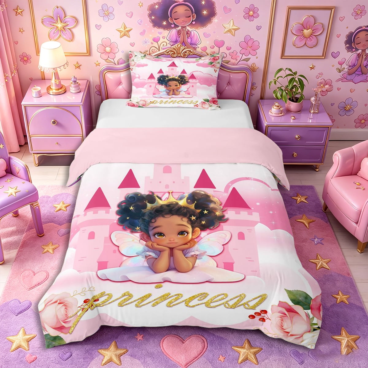 Castle Fairy Cute Black Princess Twin Duvet Cover,Castle Rose Print ...