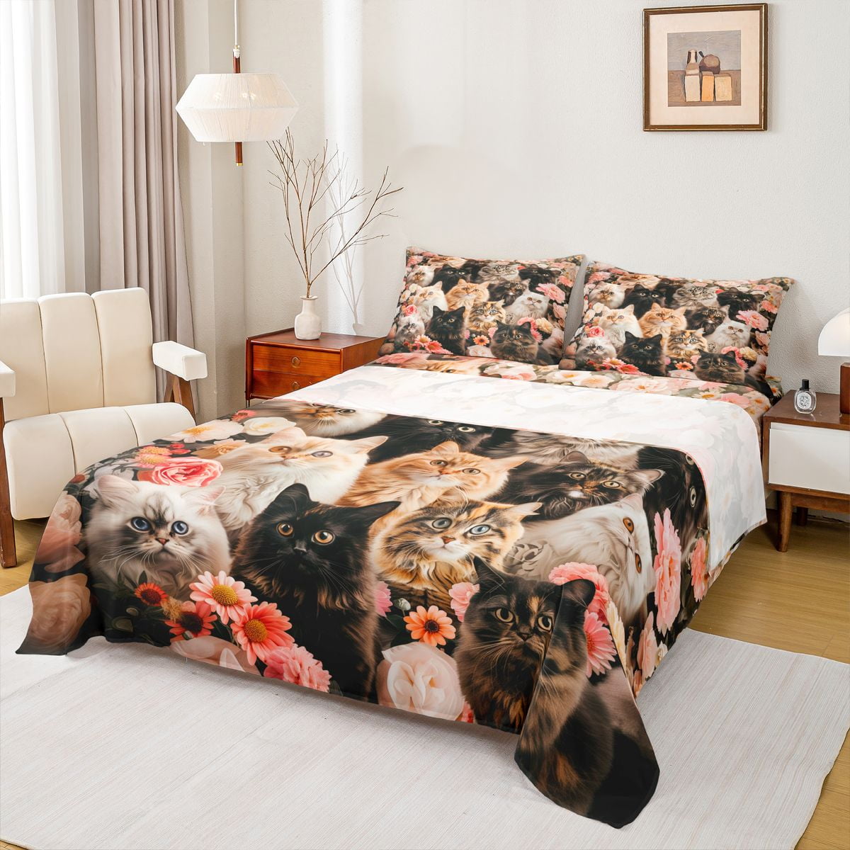 Castle Fairy Cute Cats Twin Sheet Sets for Female Men,Cartoon Floral ...