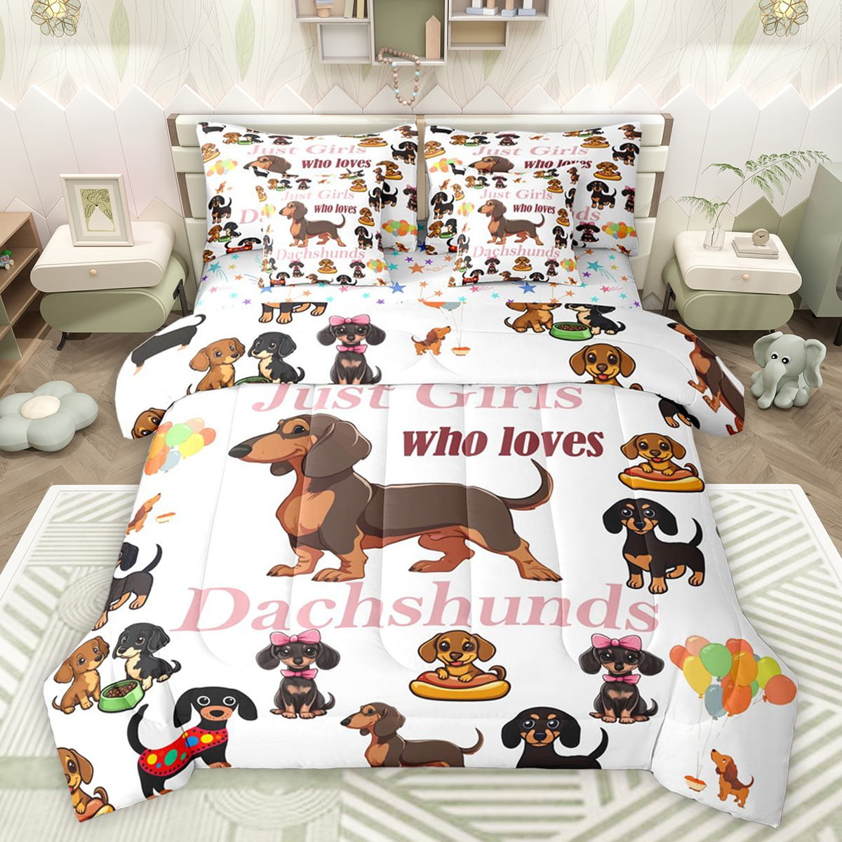 Castle Fairy Cute Dachshund Dogs Bedding Comforter Set 7pcs for Teens ...