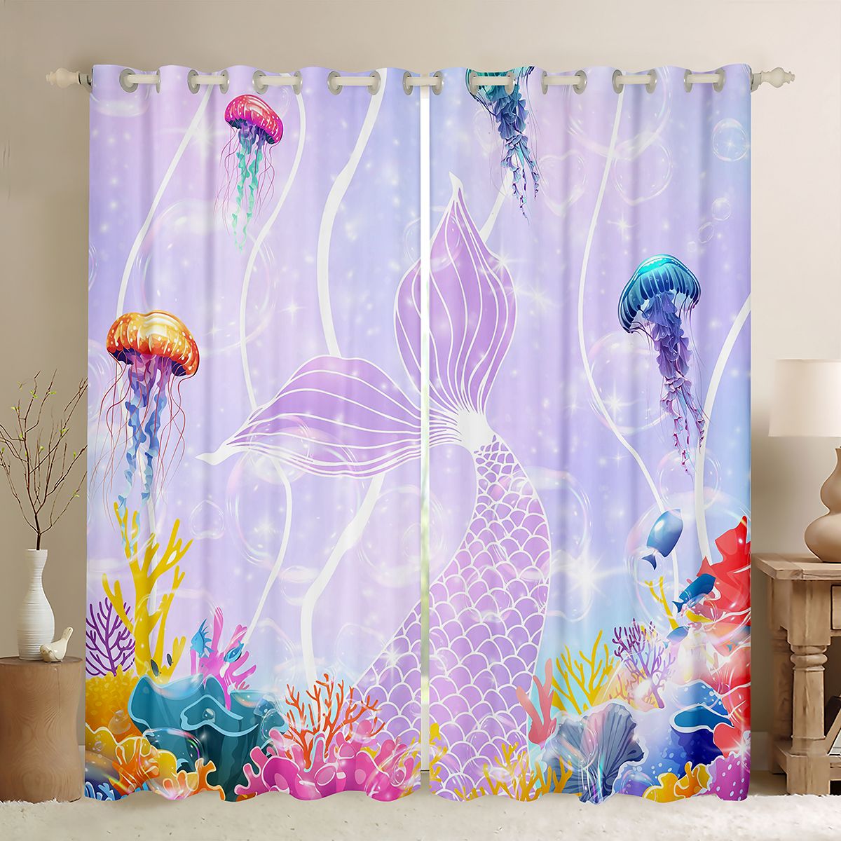 Castle Fairy Cute Mermaid Blackout Curtains Set of 2 (52x84 Each) for ...