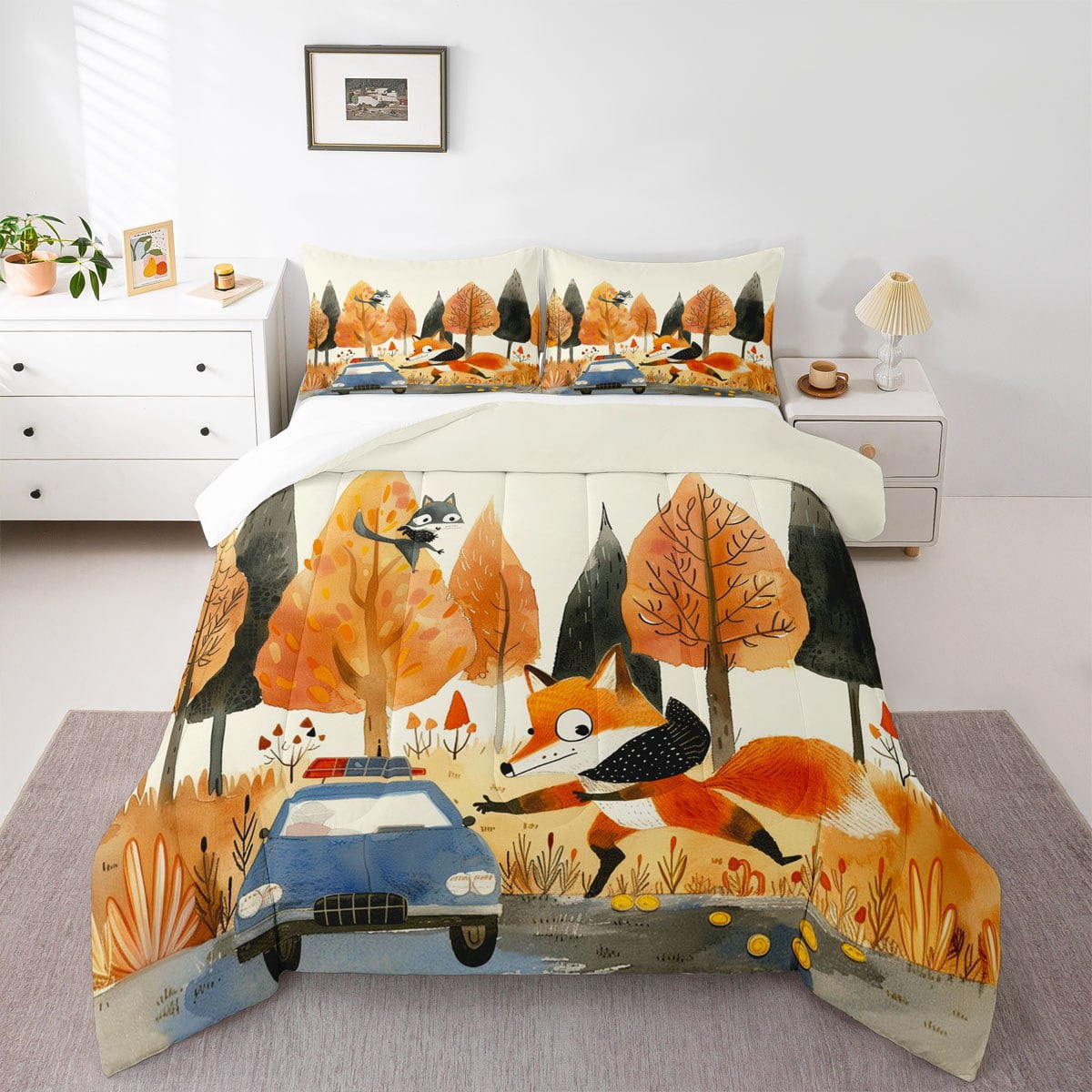 Castle Fairy Cute Orange Fox Queen Comforter Set,Cartoon Car Bedding ...