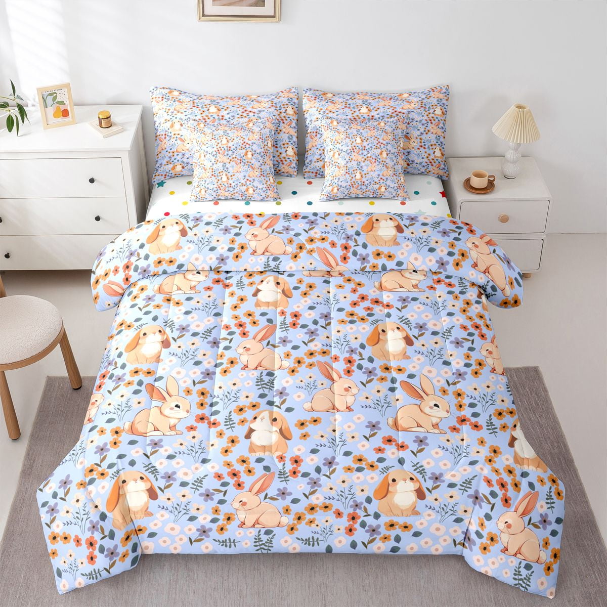 Castle Fairy Cute Rabbits Flowers Bedding Comforter Set 7 Pieces for ...