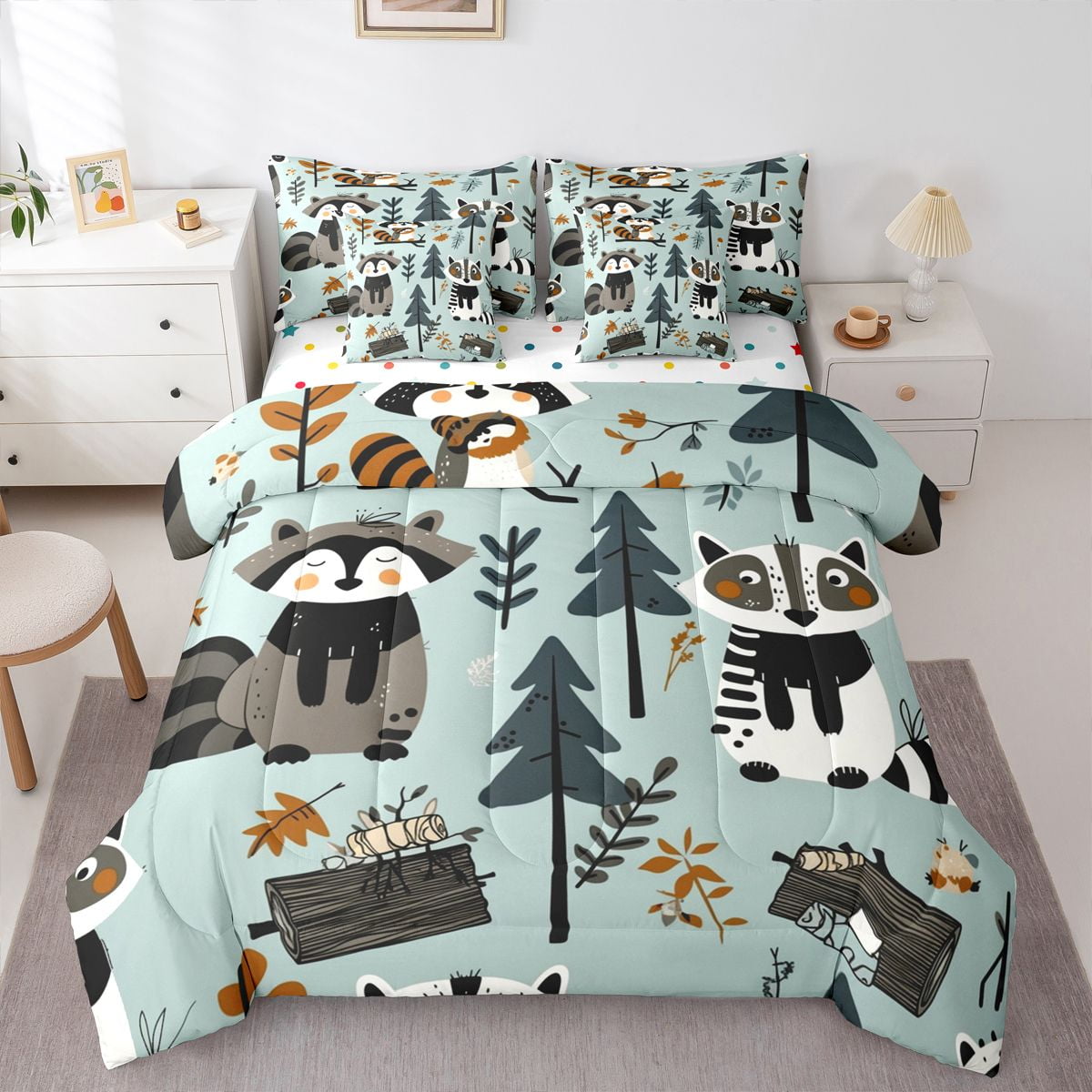 Castle Fairy Cute Raccoon Bedding Comforter Set 7-Piece for Preppy ...