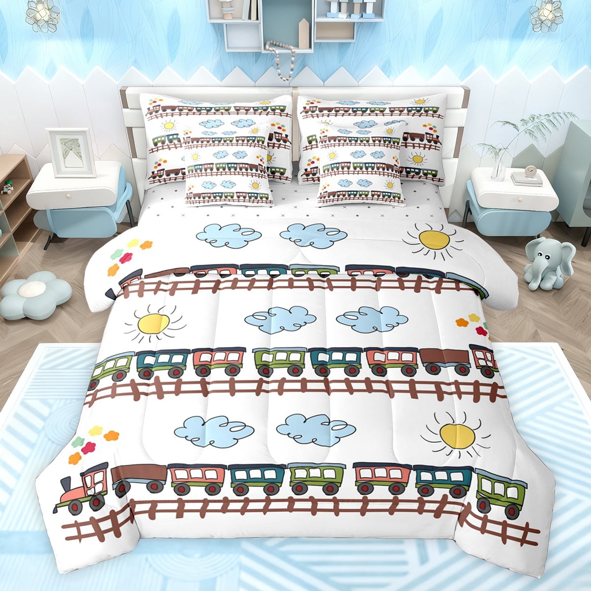 Castle Fairy Cute Railway Train Bedding Comforter Set 7-Piece for Kids ...