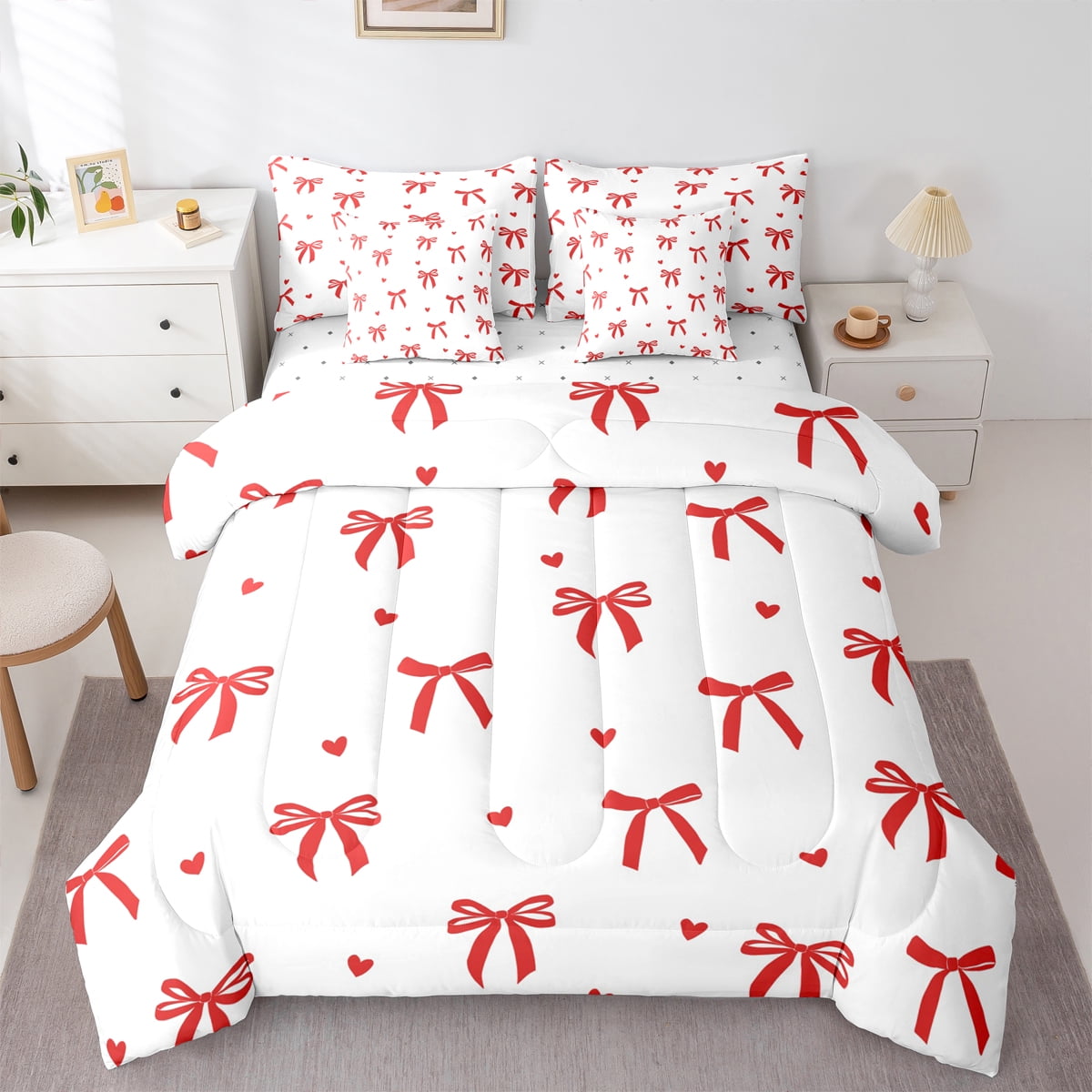 Castle Fairy Cute Red Bow Knot 7Pcs Bedding Comforter Set for Girls ...