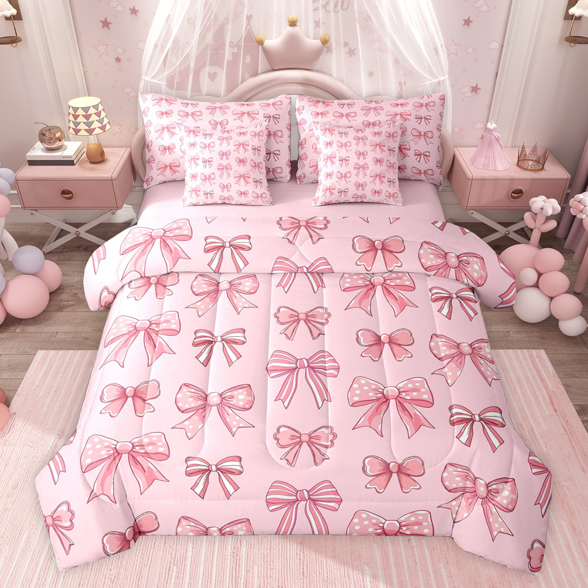 Castle Fairy Cute Stripes Bow Bedding Comforter Set 7-Piece for Girls ...
