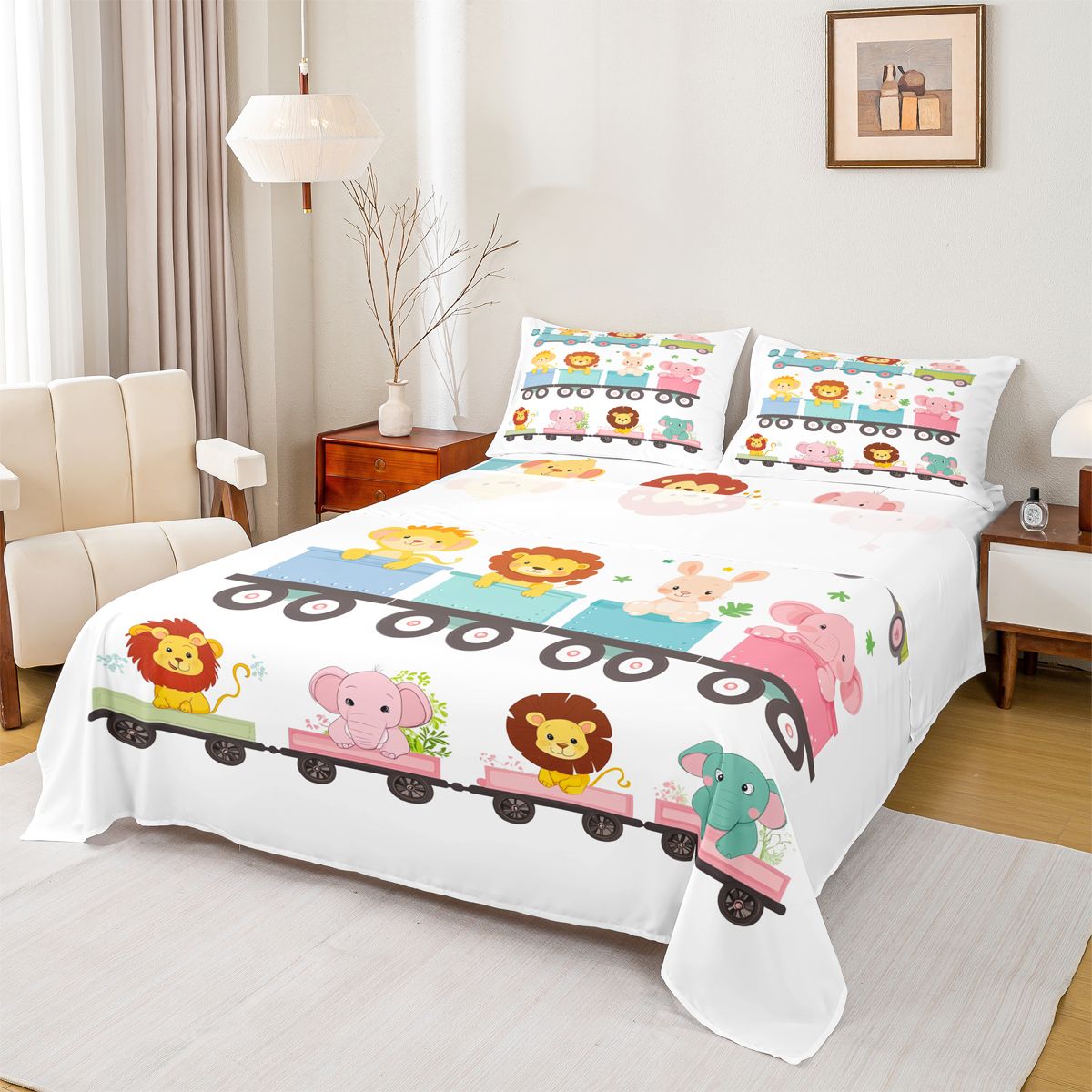 Castle Fairy Cute Tiger Lion Elephant Queen Sheet Sets,Cartoon Woodland ...