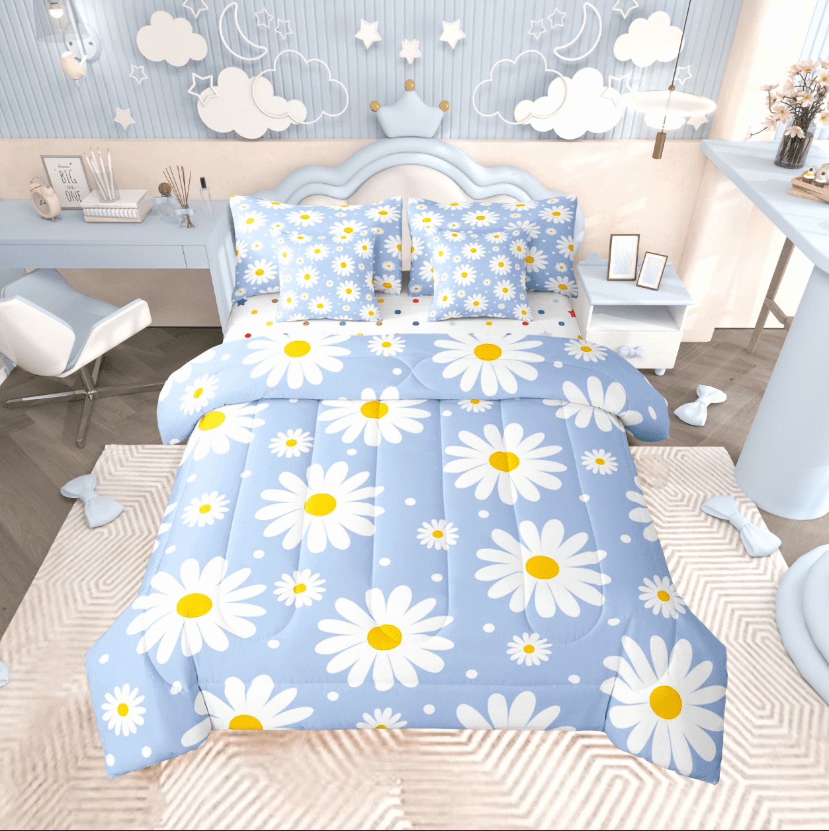 Castle Fairy Daisy Flower 7-Piece Twin Bedding Sets for Girls,Spring ...