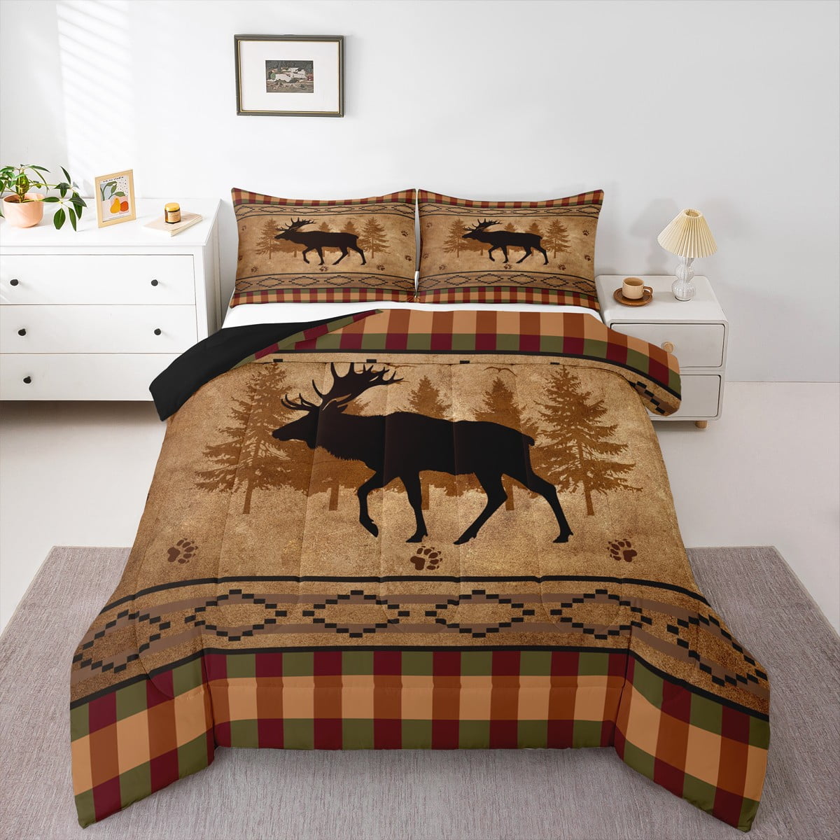 Castle Fairy Deer Queen Comforter Set,Abstract Checkered Aztec Bedding ...
