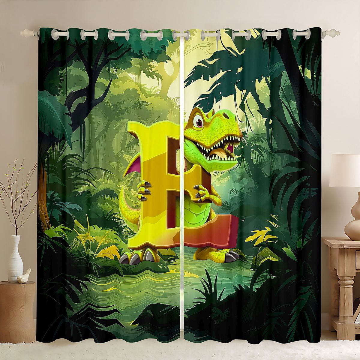 Castle Fairy Dinosaur Jungle Letter E Black Out Curtains for Kids ...