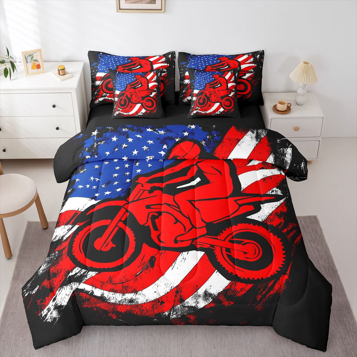 Castle Fairy Dirt Bike Bedding Comforter Set,Vintage USA Flag King ...