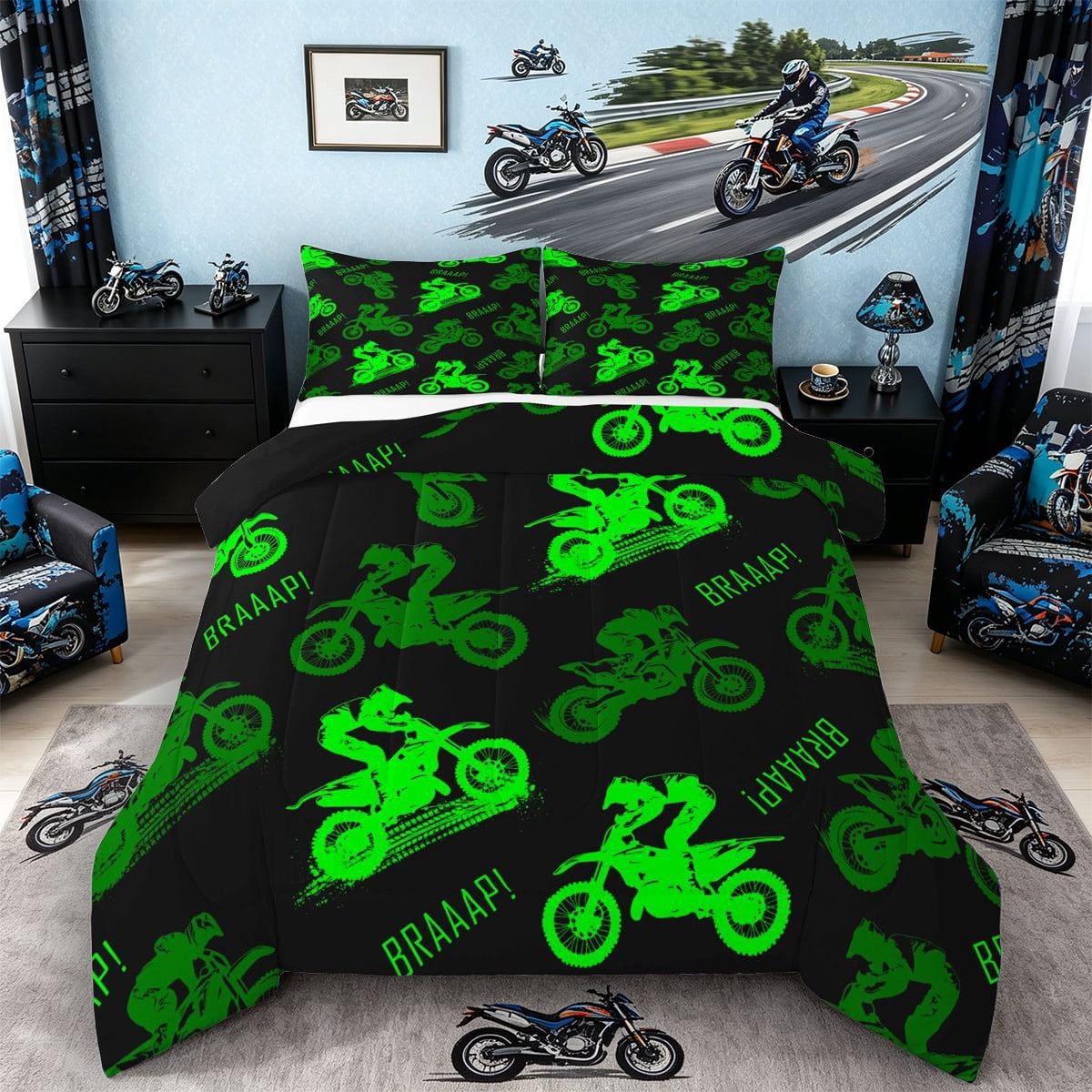 Castle Fairy Dirt Bike Pattern Queen Comforter Set 3pcs for Teens ...