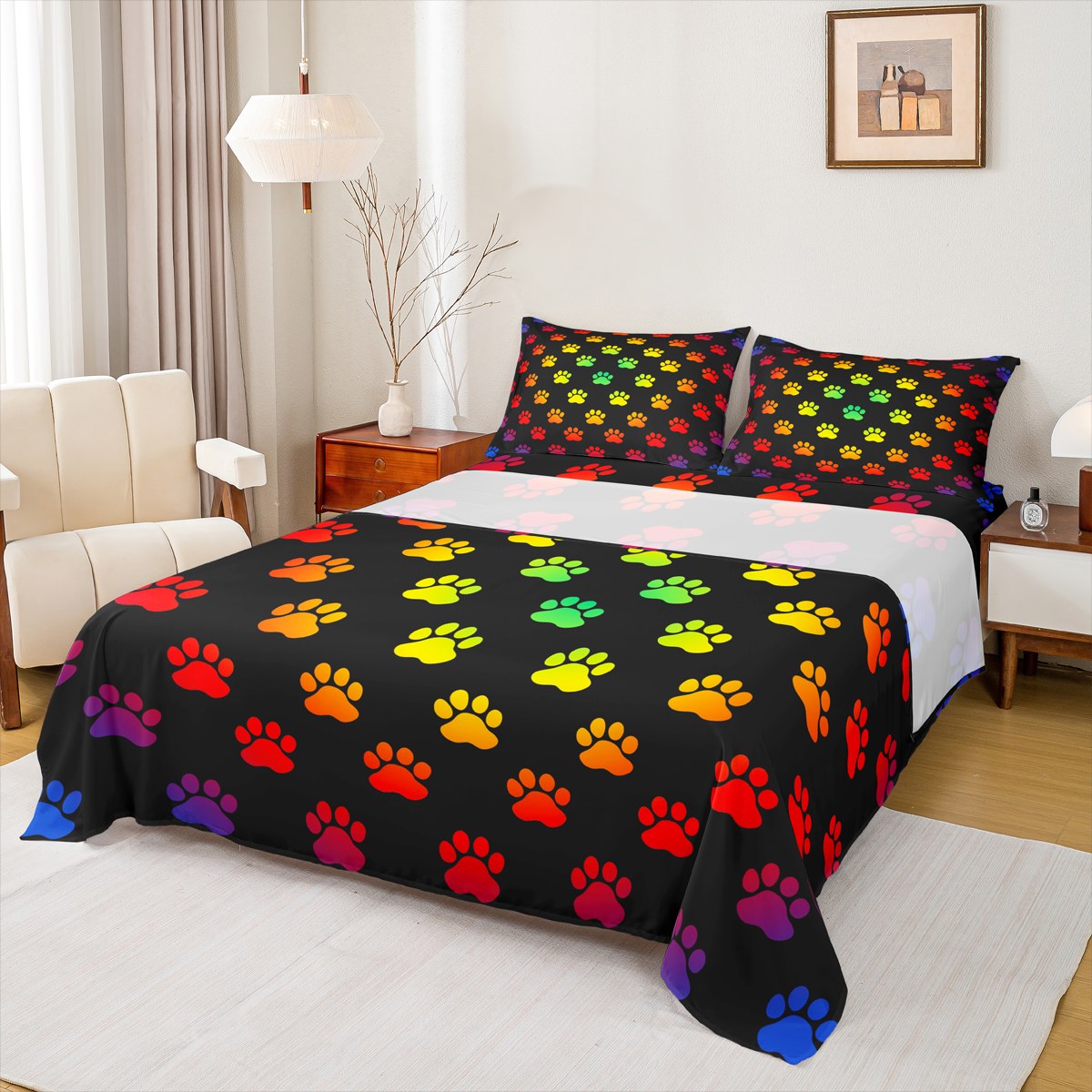 Castle Fairy Dog Paw Print 3pcs Twin Sheet Sets for Teenager,Abstract ...