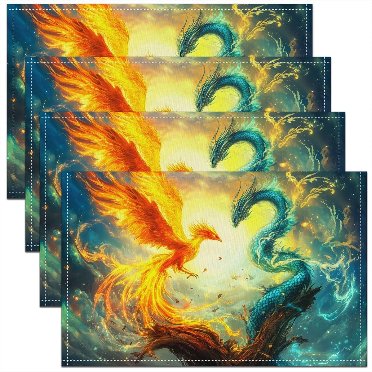 Castle Fairy Dragon Phoenix Placemats Set of 4,Magical Fantasy Animal ...
