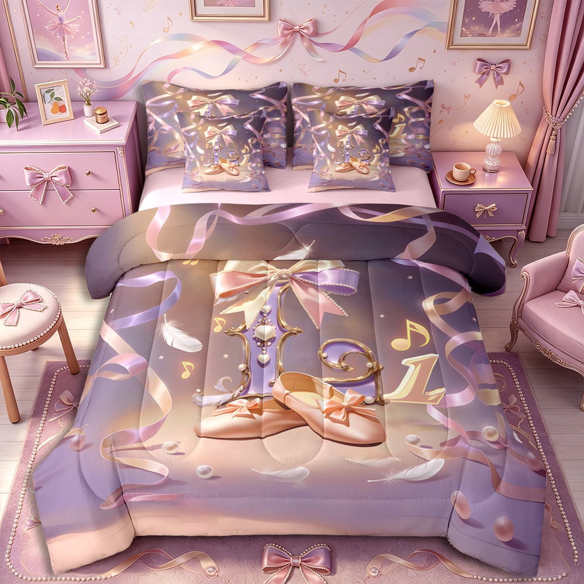 Castle Fairy Dreamy Bow Pearl Letter L Queen Bedding 7pcs,Musical Notes ...