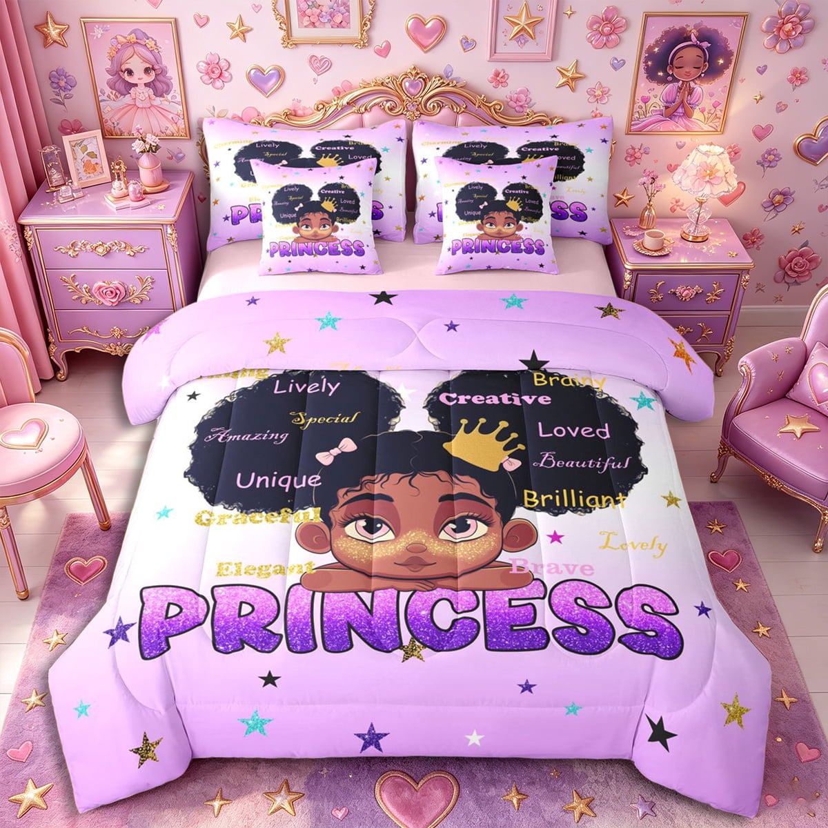 Castle Fairy Dreamy Princess Queen Bedding 7pcs,Gradient Glitter Print ...