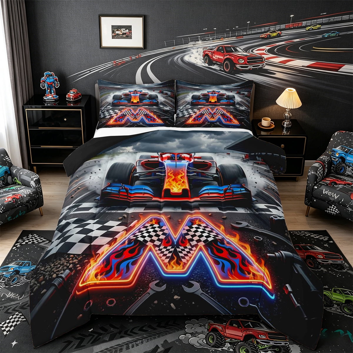 Castle Fairy Dynamic Race Car Queen Comforter Set 3pcs for Boys, Neon ...