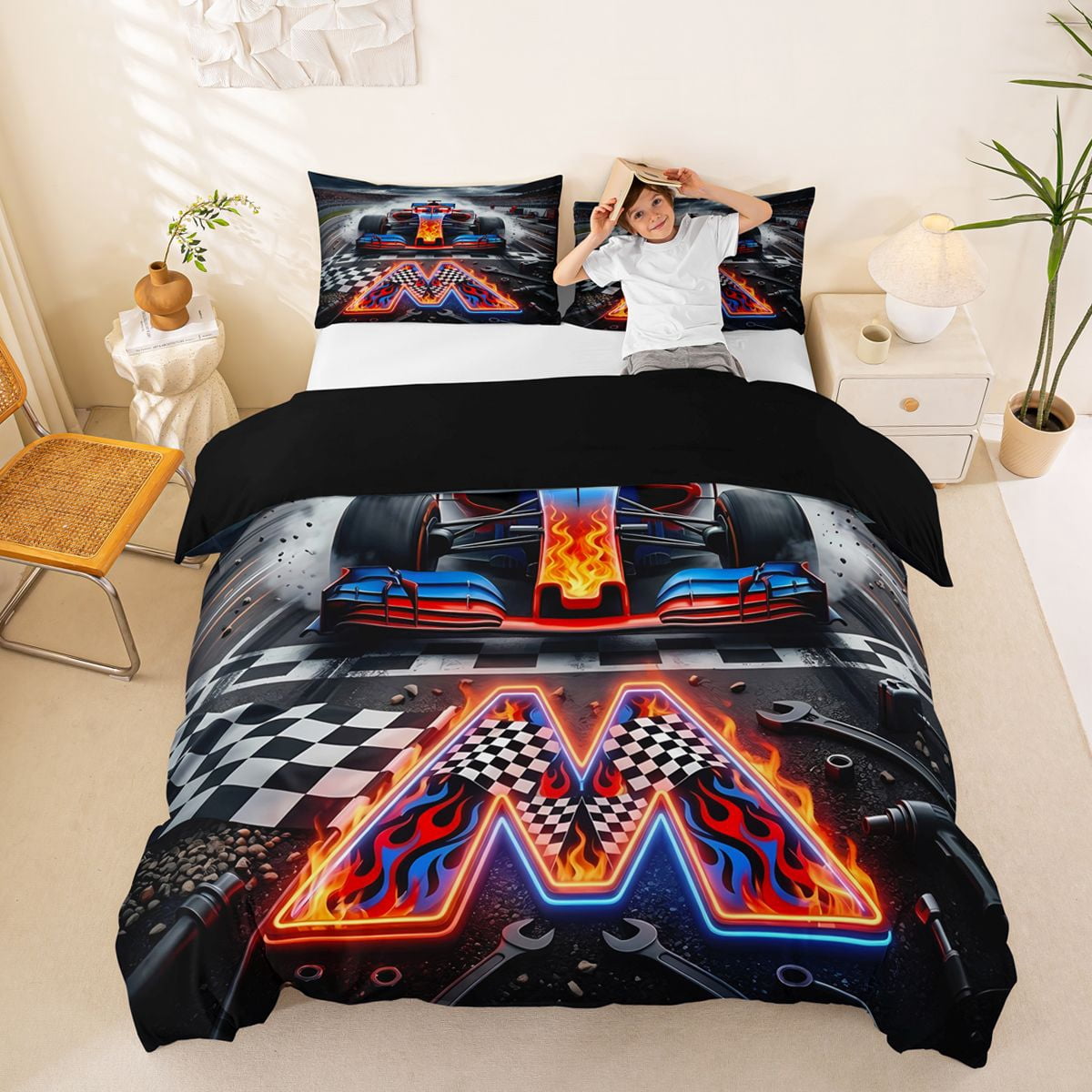 Castle Fairy Dynamic Race Car Queen Duvet Cover Set for Boys, Neon ...