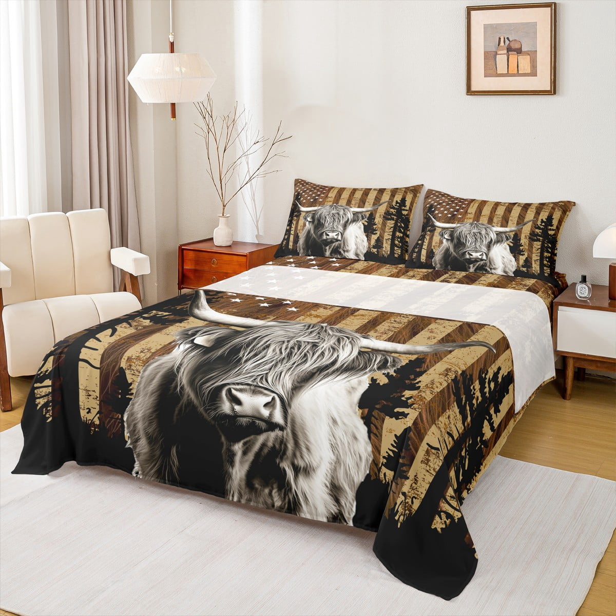 Castle Fairy Farmhouse Animal Highland Cow 4-Piece Full Size Sheets for ...