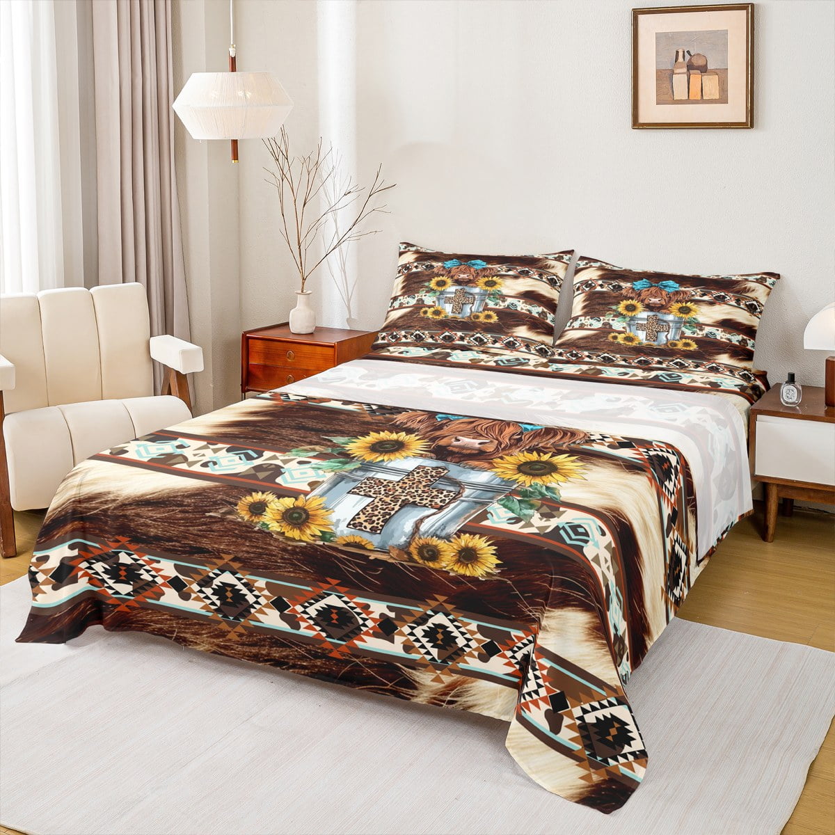 Castle Fairy Farmhouse Animal Highland Cow Print 4 Pieces Queen Sheet ...