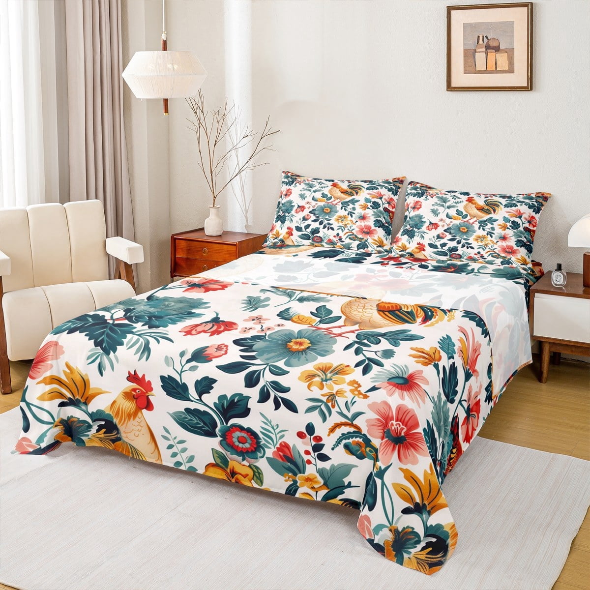 Castle Fairy Farmhouse Rooster 4-Piece Bed Sheet Set, King Size, Rustic ...