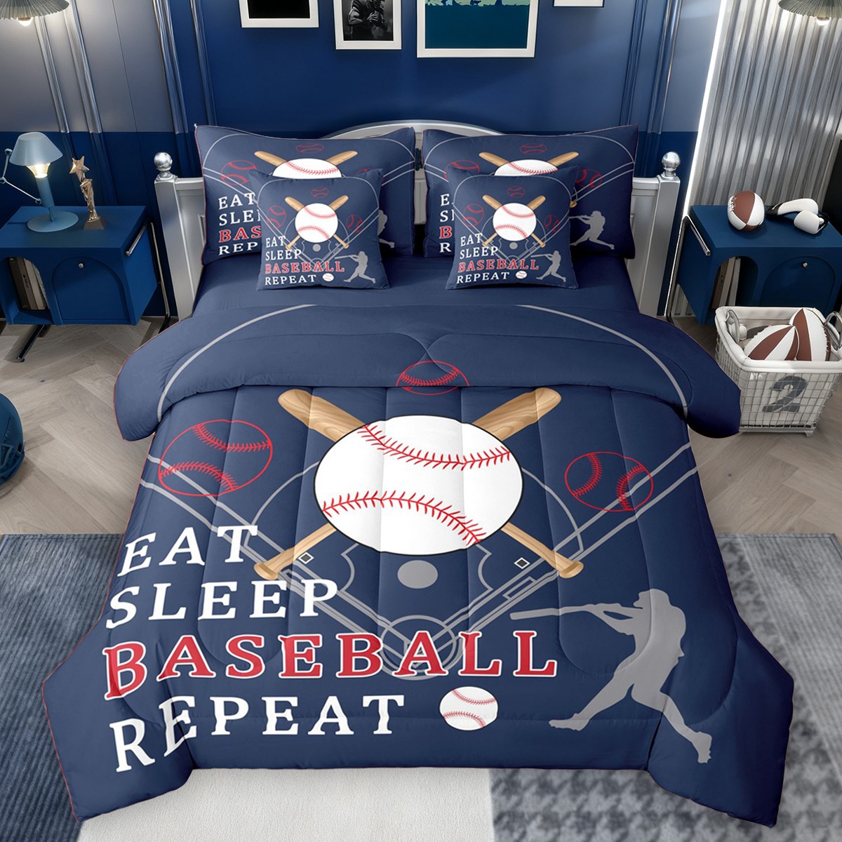 Castle Fairy 7-Piece Eat Sleep Baseball King Bedding Comforter Set ...