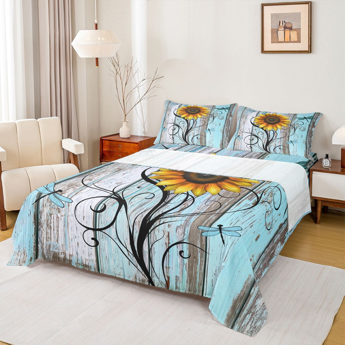 Castle Fairy Female Men Floral Sunflower Queen Sheet Sets,Flying ...