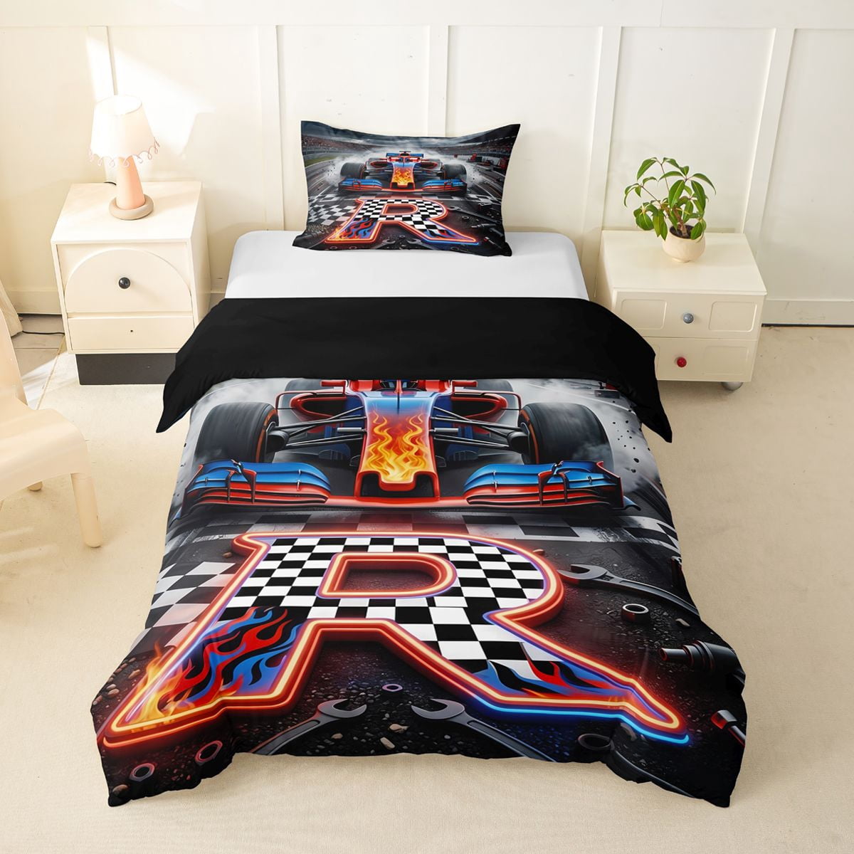 Castle Fairy Fiery Race Car Twin Bedding for Teens, Neon Letter R Duvet ...