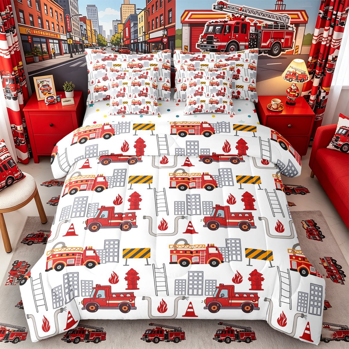Castle Fairy Fire Truck Pattern Bedding Comforter Set 7 Pieces for Kids ...