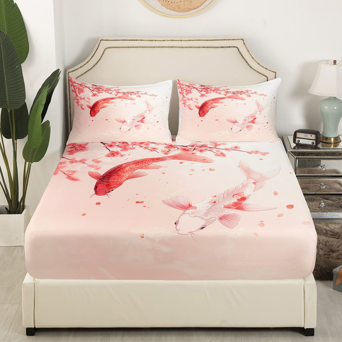 Castle Fairy Fish Koi 4pcs Bed Sheets,Cherry Blossom King Sheets ...