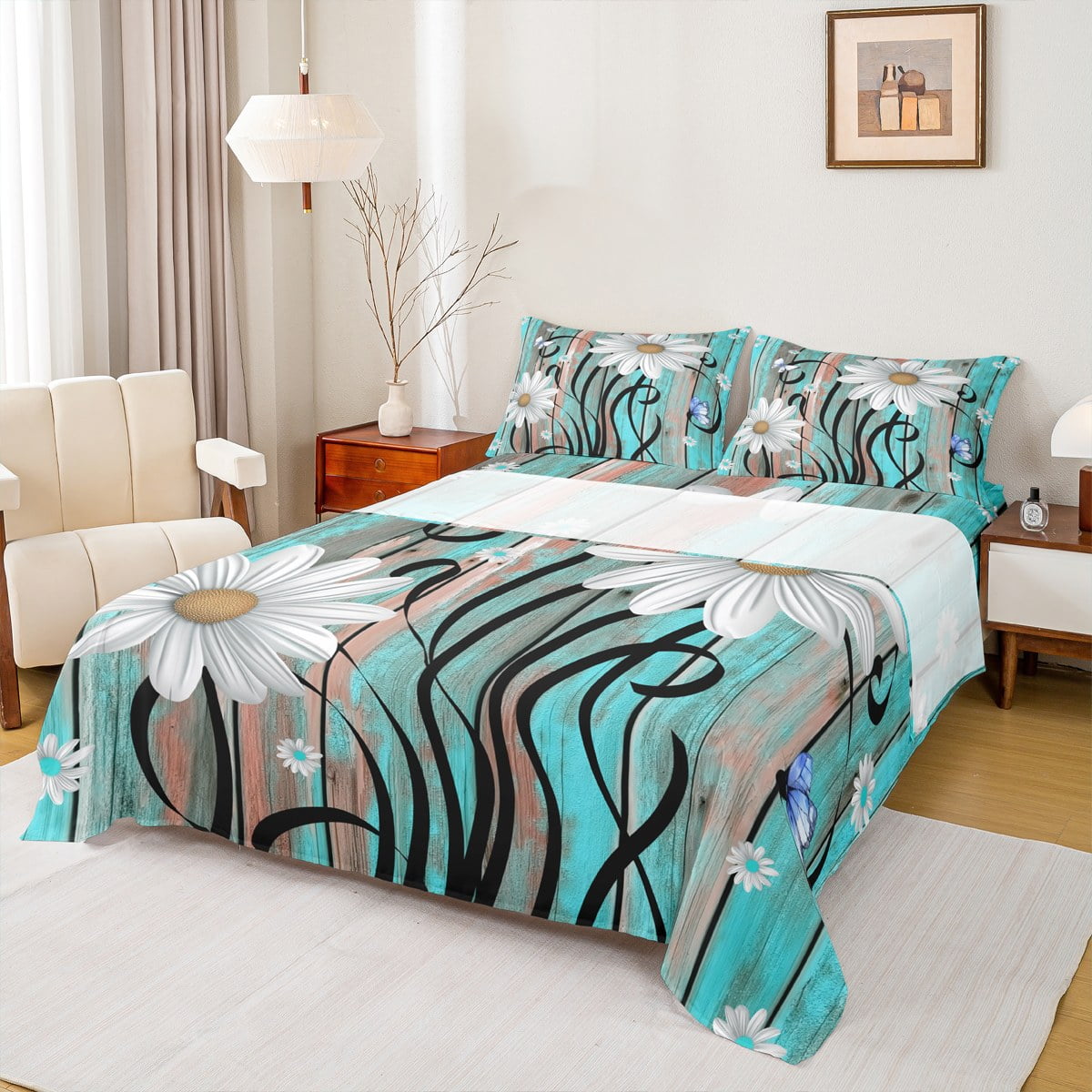 Castle Fairy Floral Daisy 4pcs Bed Sheets for Teens,Rustic Flower King ...
