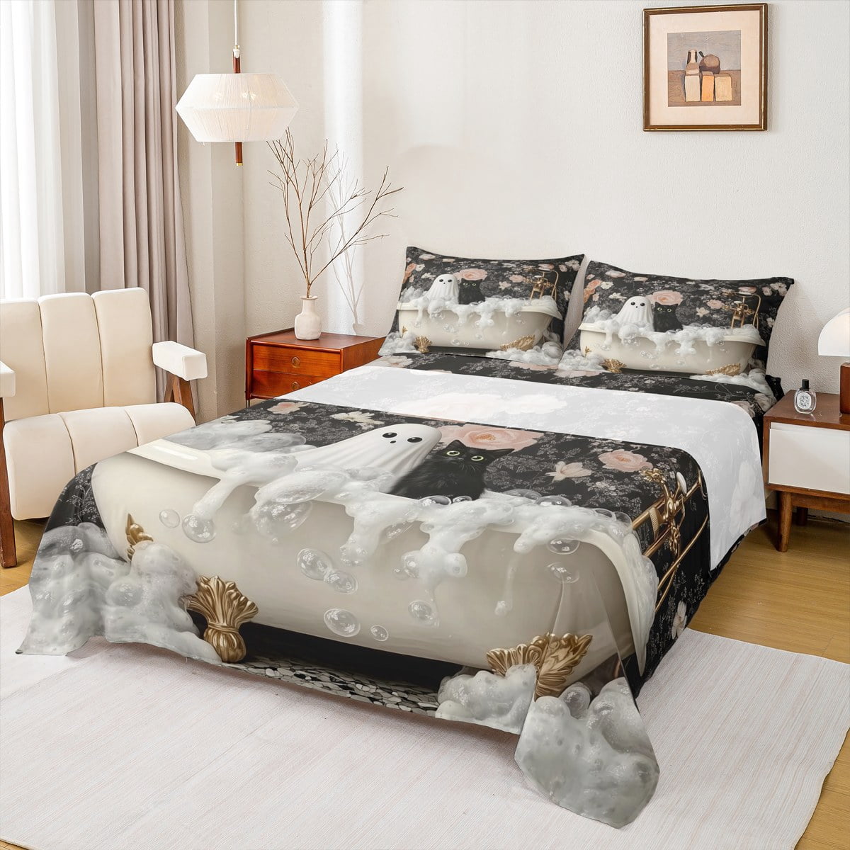 Castle Fairy Floral Ghost 4pcs Bed Sheets,Black Pink King Sheets,Black ...