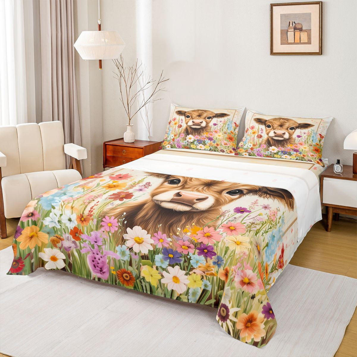 Castle Fairy Floral Highland Bull Bed Sheets for Boys Girls,Flower ...