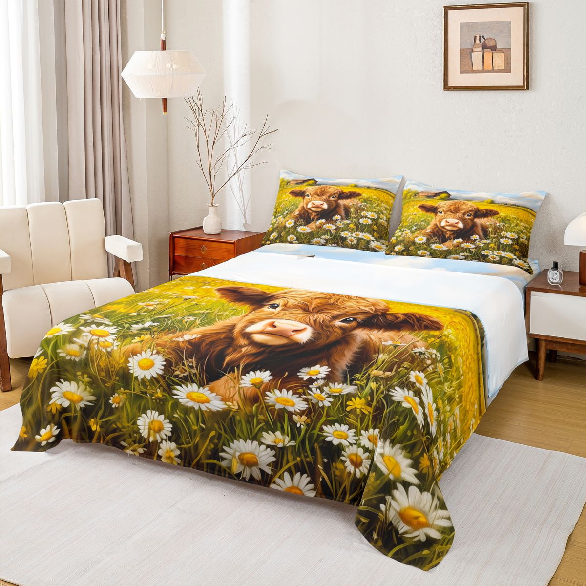 Castle Fairy Floral Highland Bull Full Size Sheets,Flower Daisy Cow Bed ...
