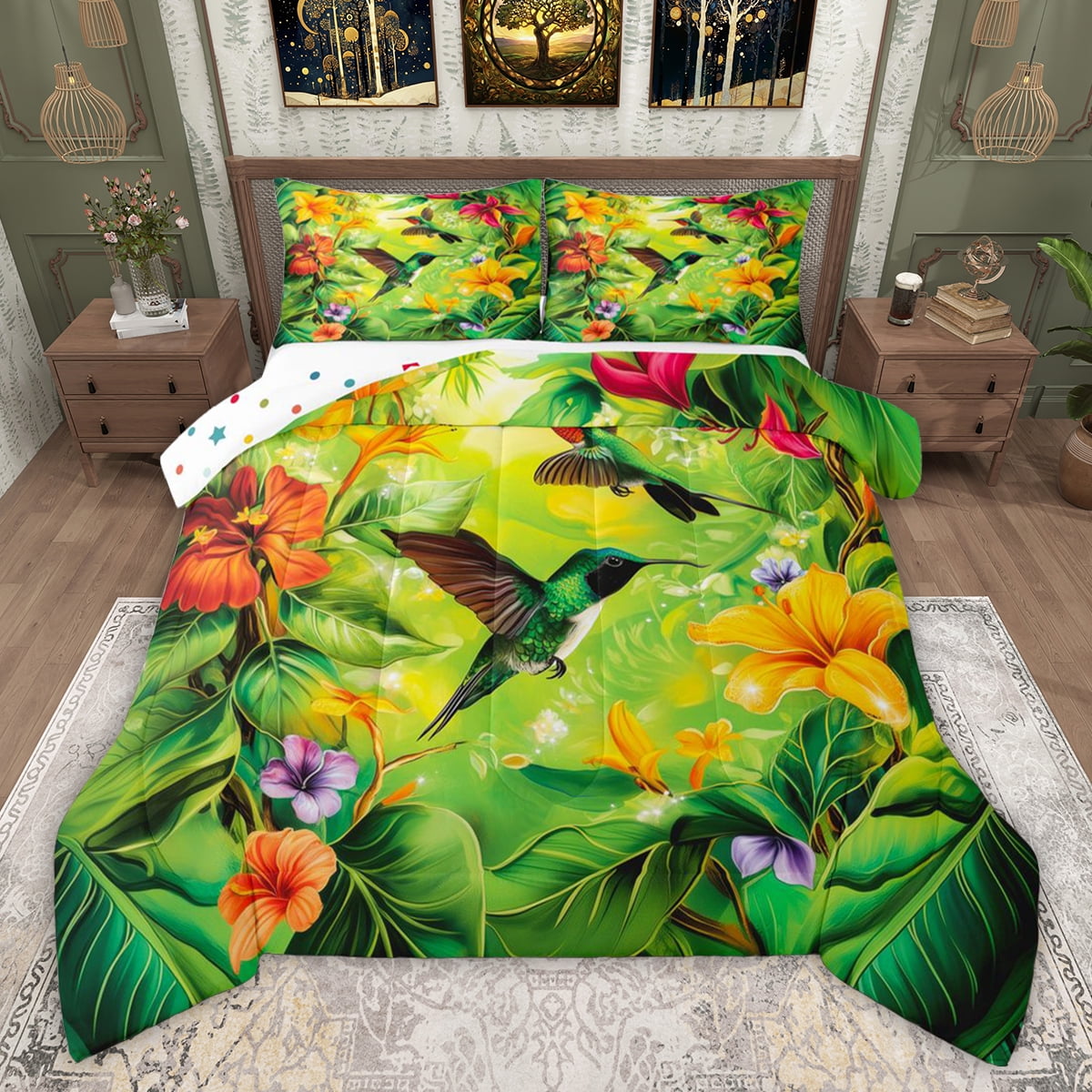 Castle Fairy Floral Hummingbird Queen Comforter Set,Tropical Leaves ...