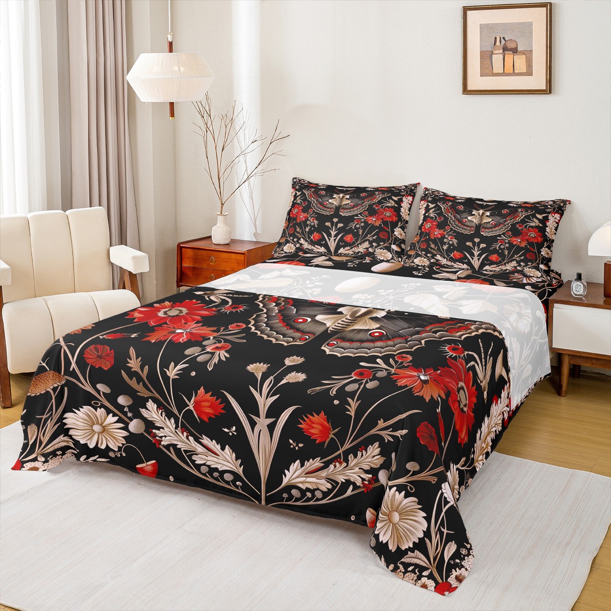 Castle Fairy Floral Moth 4-Piece Full Size Sheets,Botanical Plants Bed ...