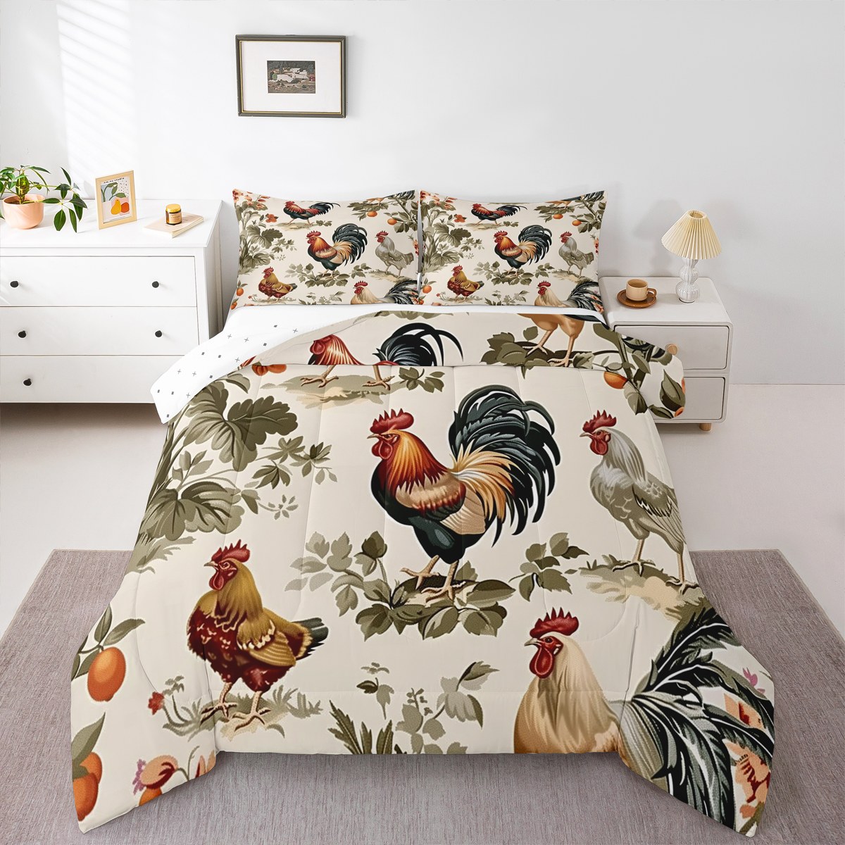 Castle Fairy Floral Rooster 3-Piece Full Size Comforter Sets,Farmhouse ...