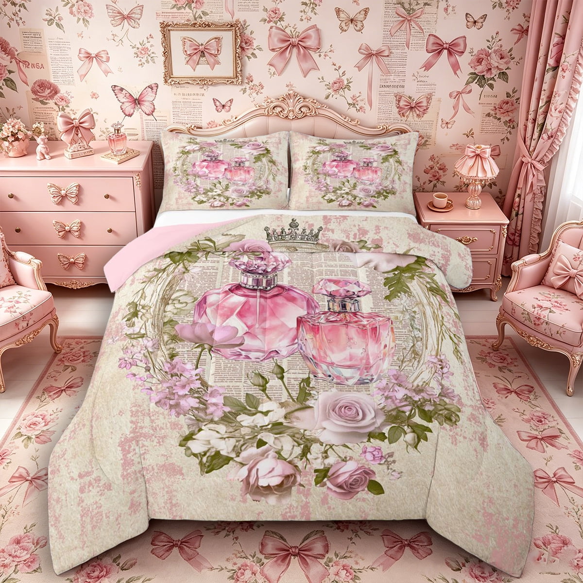 Castle Fairy Floral Rose Perfume Print Full Size Comforter Sets 3-Piece ...