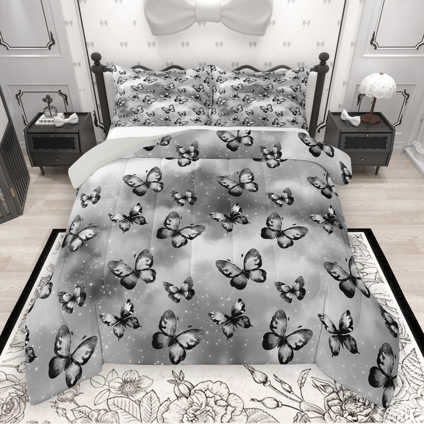 Castle Fairy Flying Butterflies Black Grey 3-Piece Full Comforter Set ...