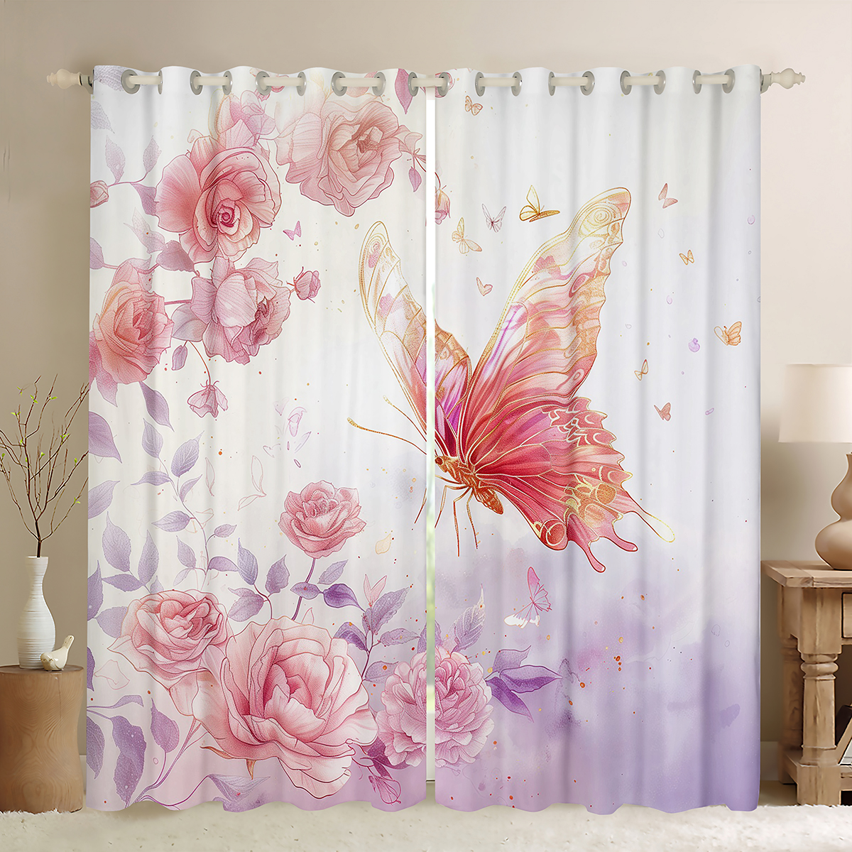 Castle Fairy Flying Pink Butterfly Blackout Curtains Set of 2 (52x84 ...