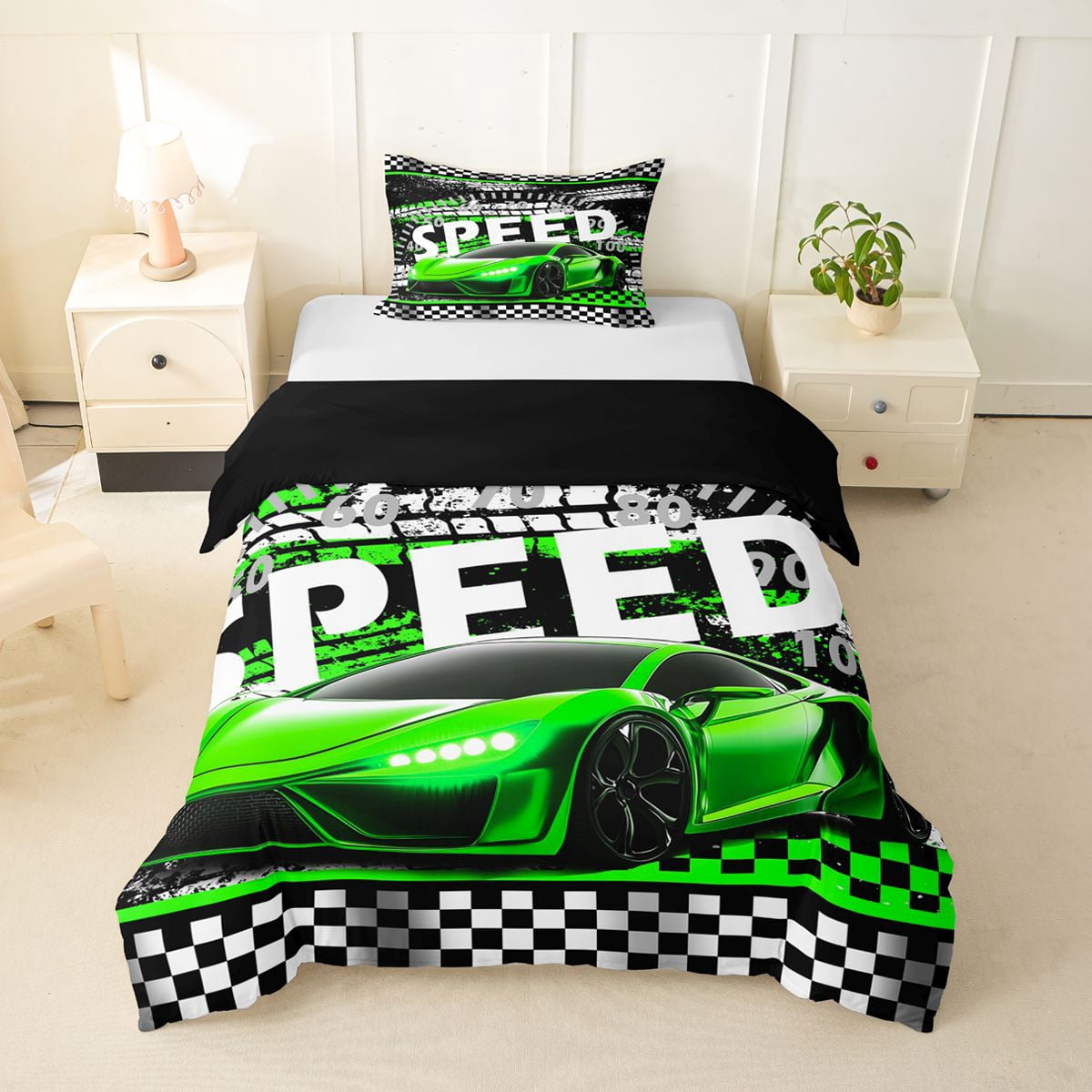 Castle Fairy Fresh Green Sports Car Twin Bedding for Boys, Bright ...